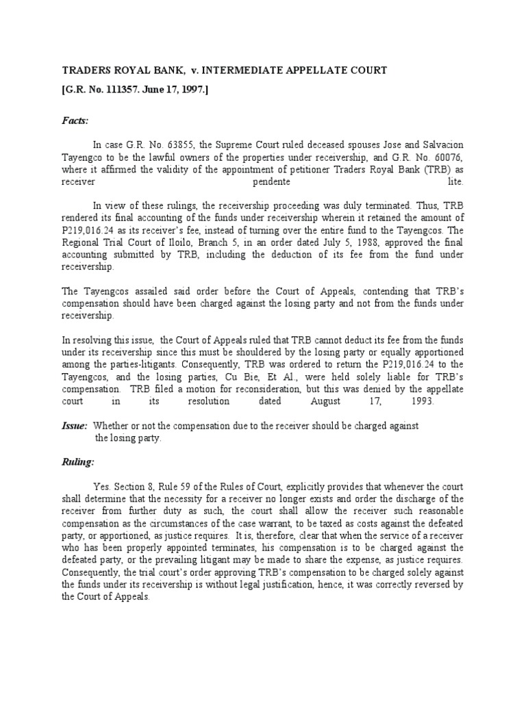 Traders Royal Bank v. IAC, G.R. No. 111357, June 17, 1997 | PDF ...