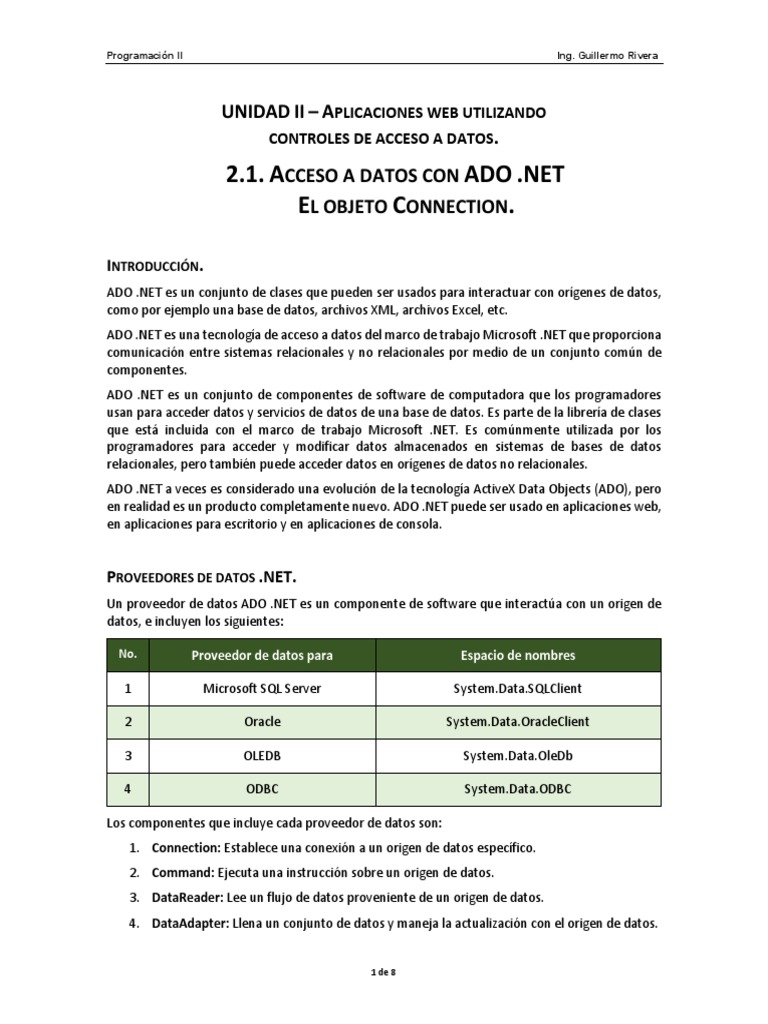 21 Acceso A Datos Con Ado Net Objeto Connection New Pdf Active X Data Objects Net 