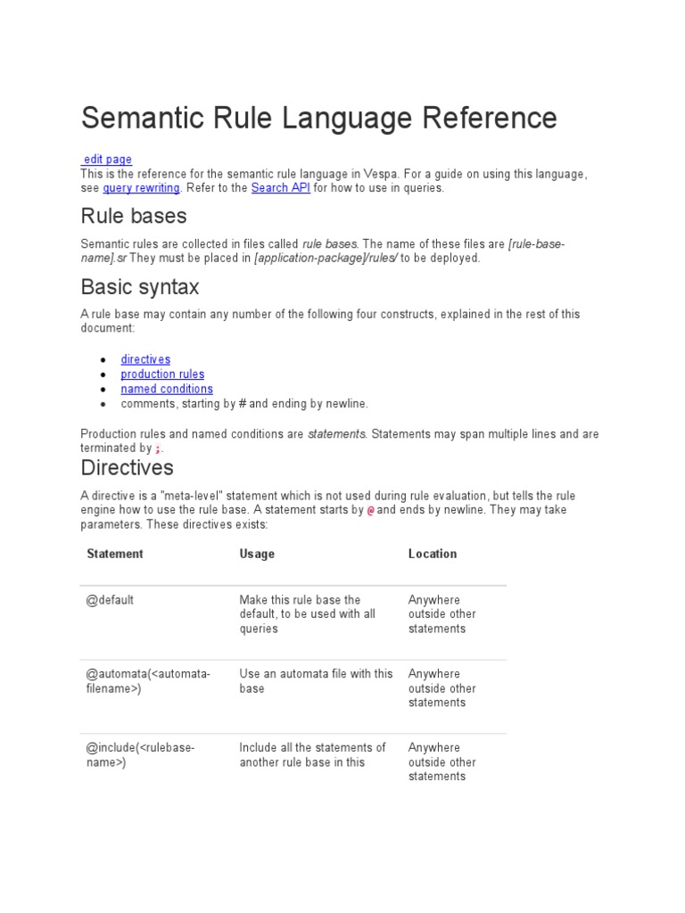 Semantic Rule Language Reference: Rule Bases Basic Syntax | PDF ...