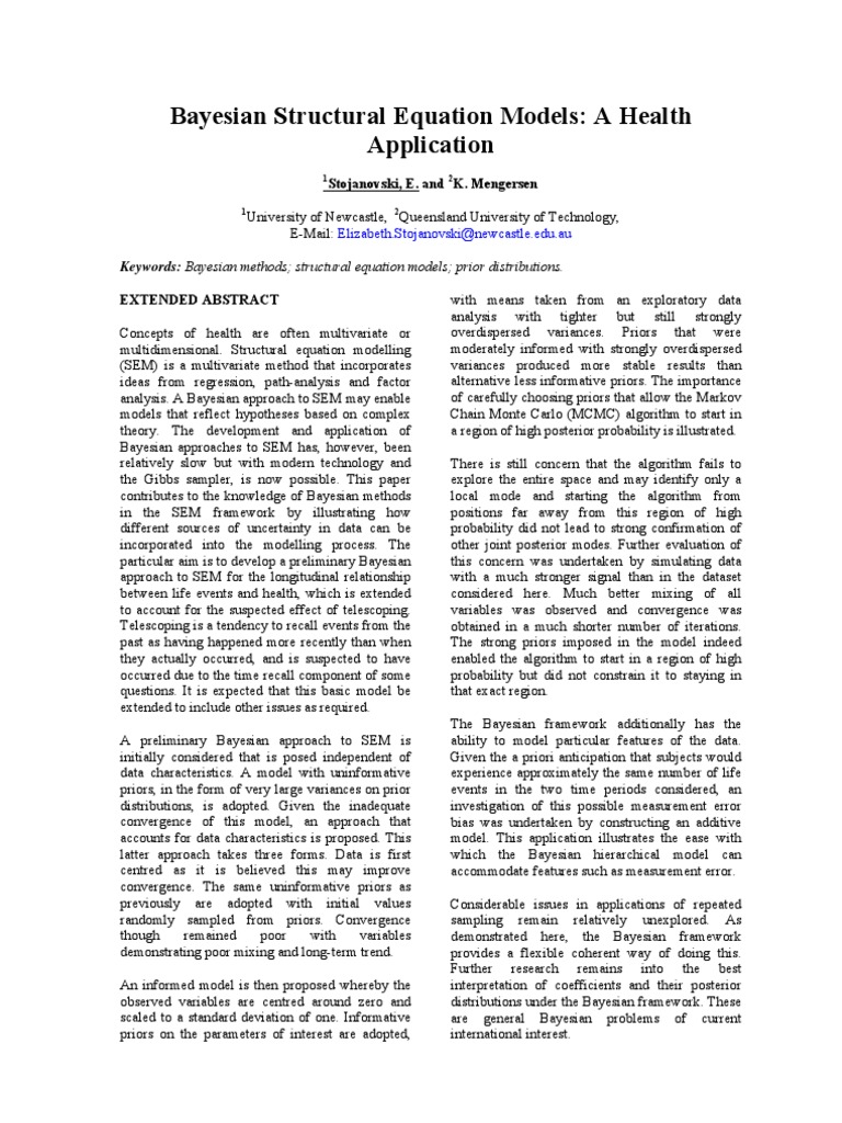 Bayesian Structural Equation Models: A Health Application: Stojanovski ...