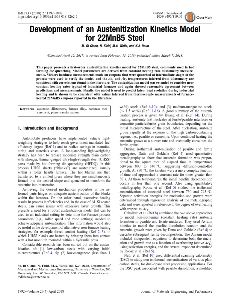 Development of An Austenitization Kinetics Model For 22MnB5 Steel | PDF ...