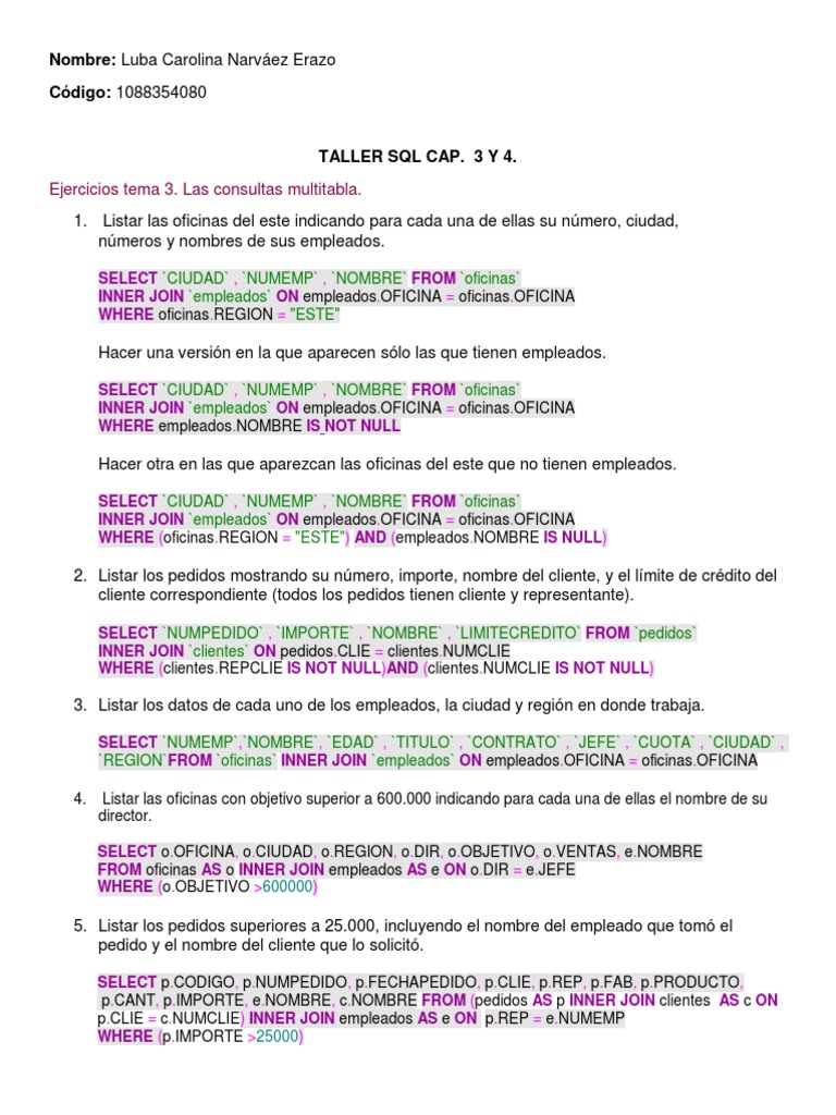 Ejercicios SQL: Consultas Multitabla y Resumen | PDF | SQL | Informática y tecnología de la ...