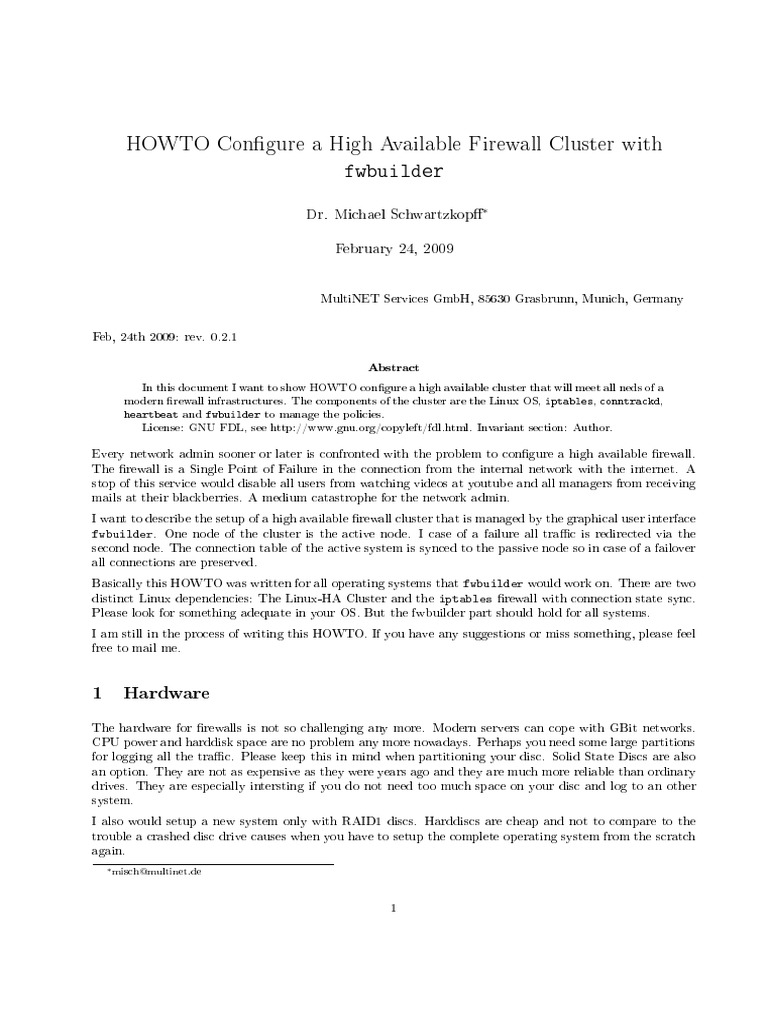 Howto Congure A High Available Firewall Cluster With Fwbuilder Pdf Computer Cluster 