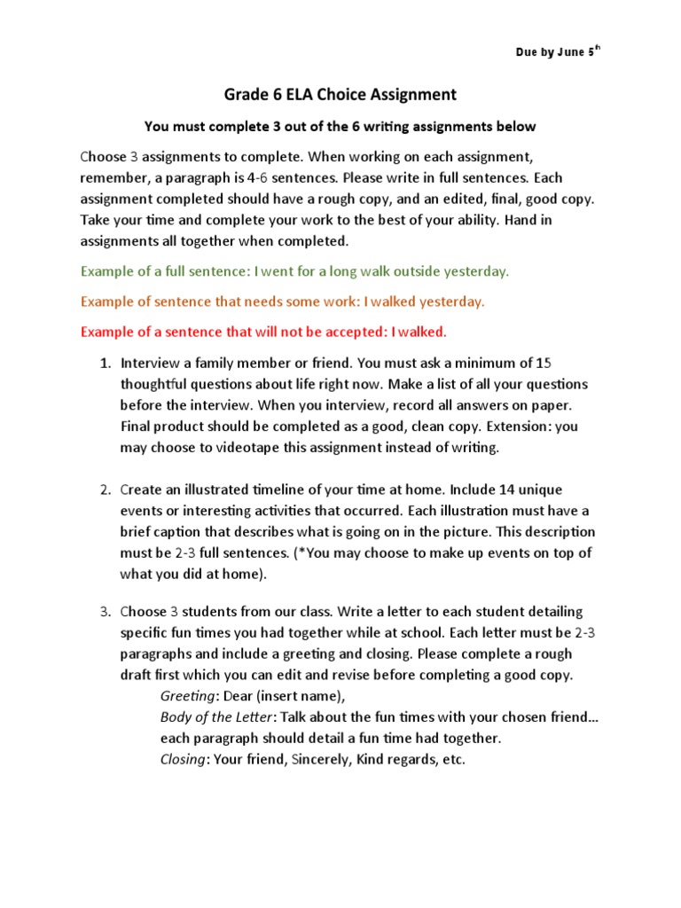 Due by June 5 Grade 6 ELA Choice Assignment: You Must Complete 3 Out of ...