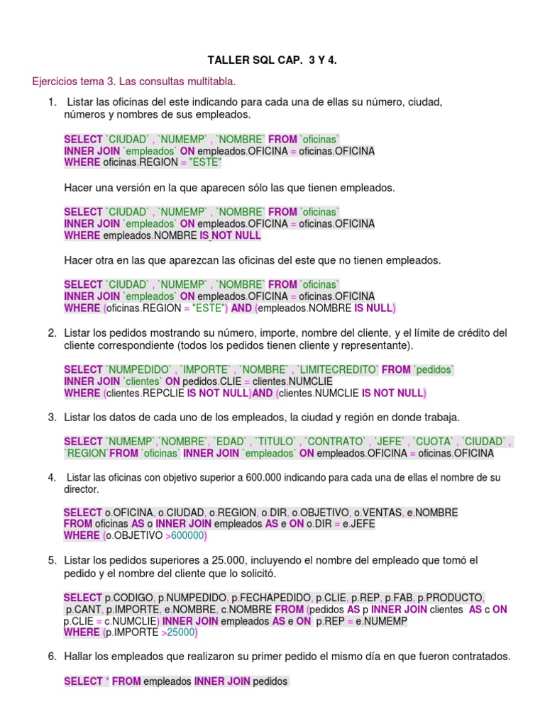 Solucion Taller SQL 3 - 4 Basico | PDF | SQL | Bases de datos