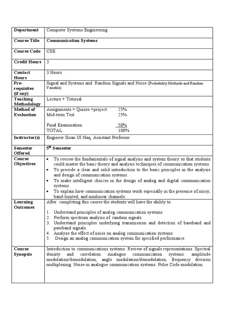 Course Outline Pdf Modulation Frequency Modulation