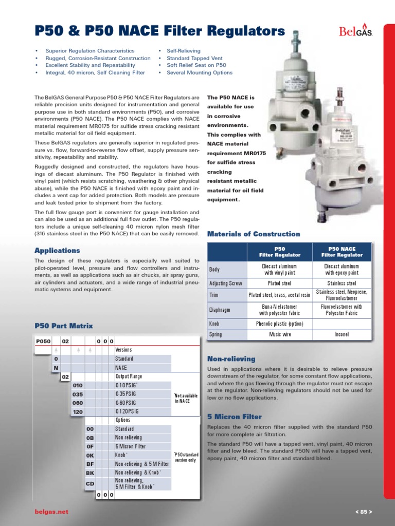 P50 & P50 NACE Filter Regulators Ors: Materials of Construction | PDF ...