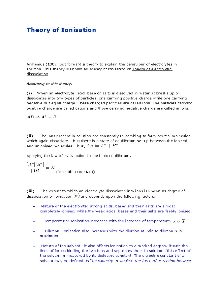 Theory of Ionisation | PDF | Dissociation (Chemistry) | Ion
