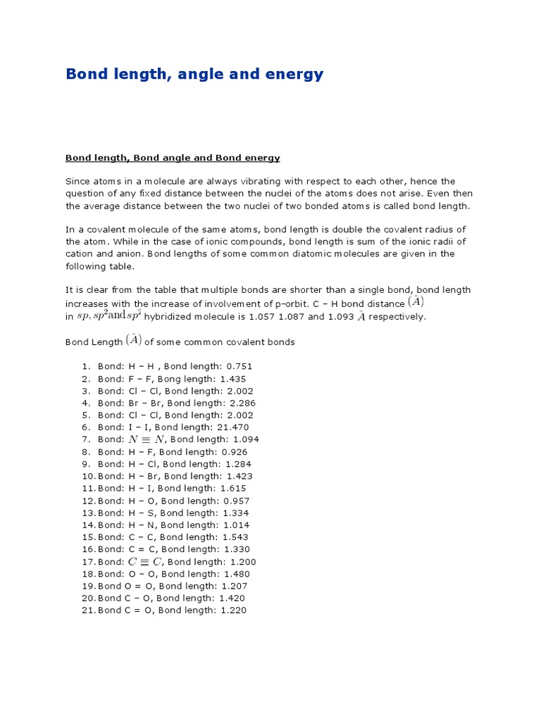 Bond Length, Bond Angle and Bond Energy | PDF | Technology & Engineering
