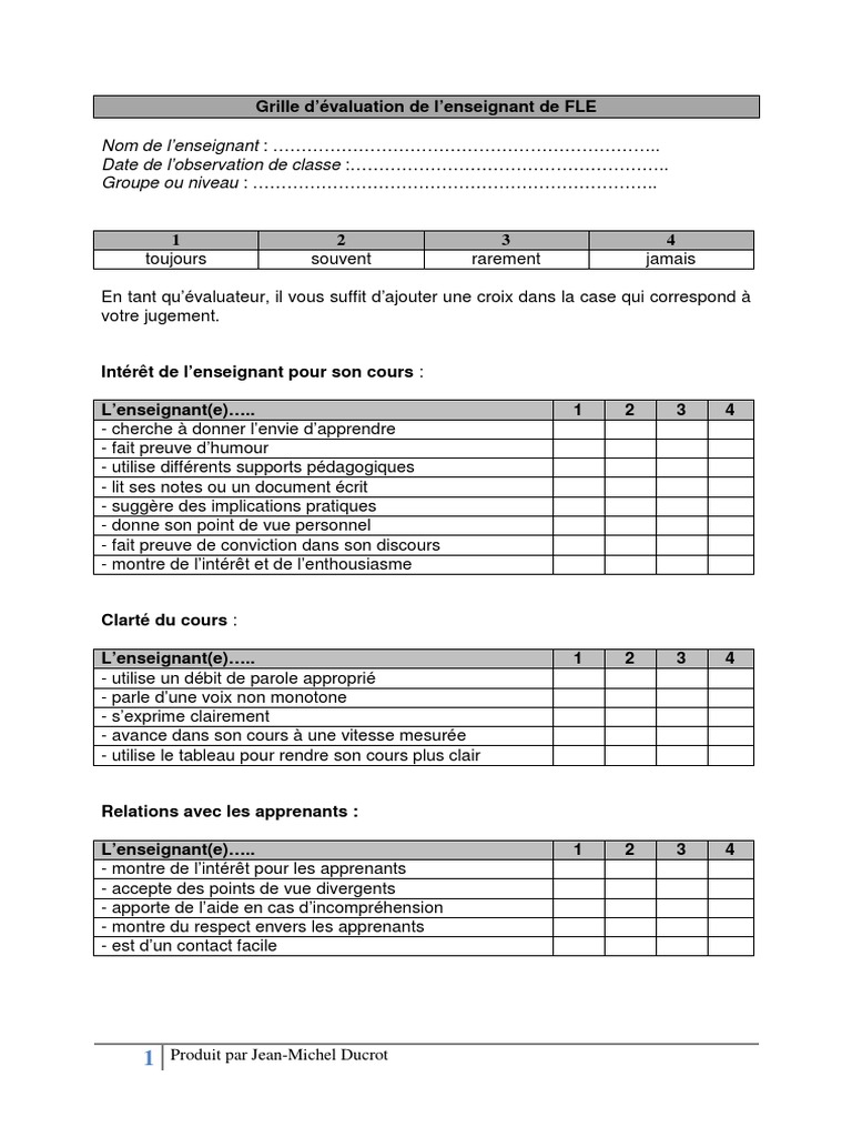 Grille d'évaluation de l'enseignant FLE | PDF | Cognition | Concept de ...