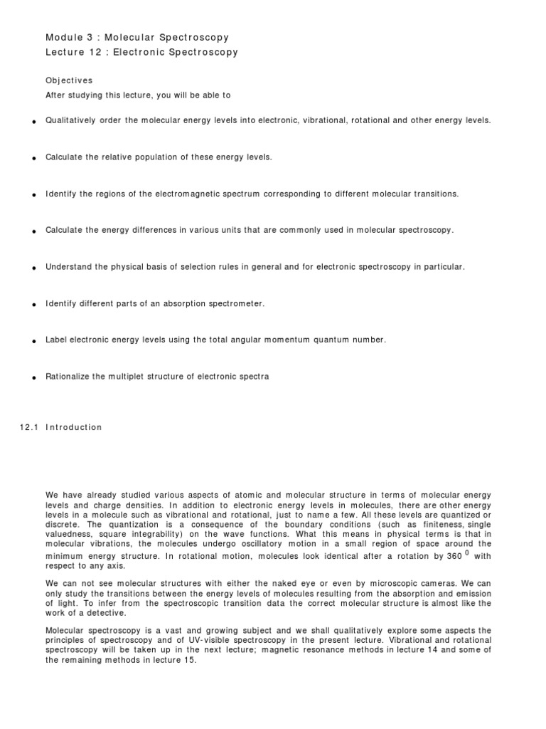 Module 3: Molecular Spectroscopy Lecture 12: Electronic Spectros | PDF | Spectroscopy | Energy Level