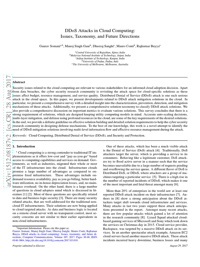 Ddos Attacks in Cloud Computing: Issues, Taxonomy, and Future Directions | PDF | Denial Of ...
