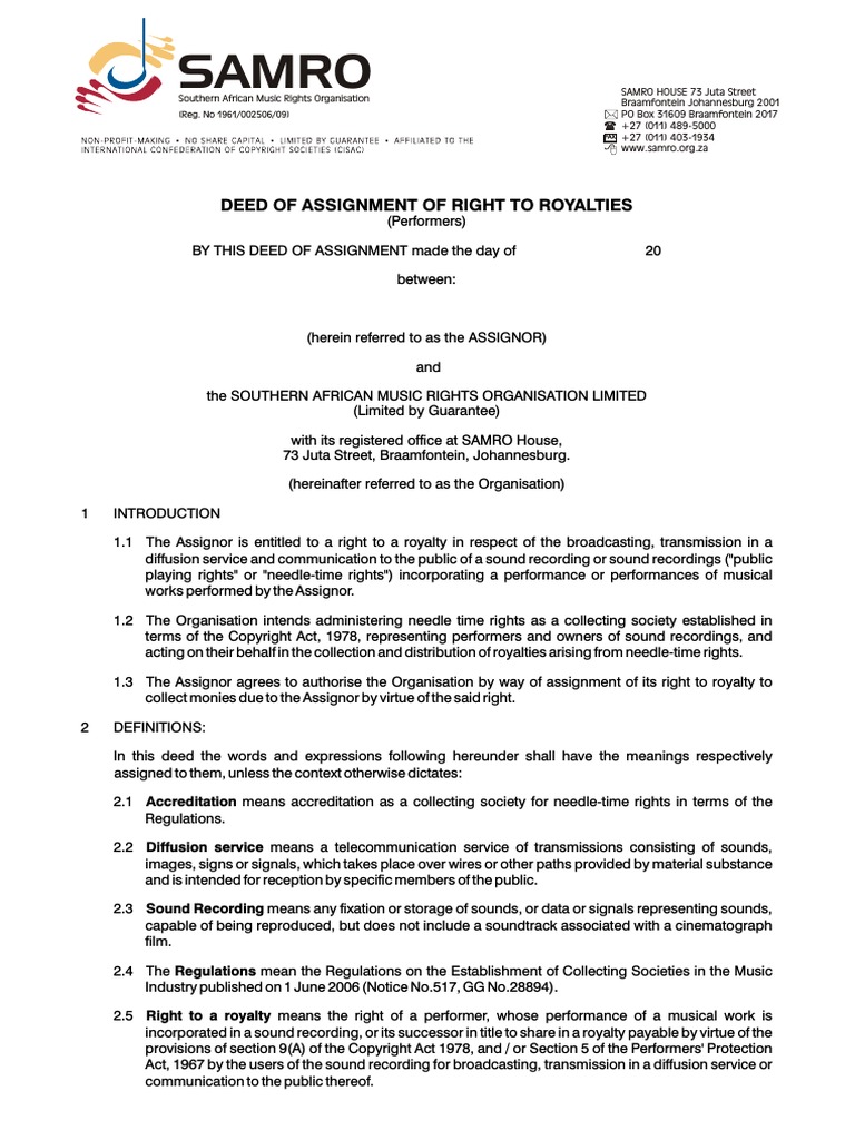 Royalty Rights Assignment Deed | PDF | Indemnity | Assignment (Law)