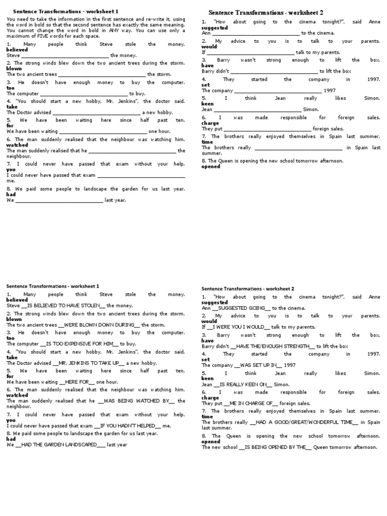 Sentence Transformations - Worksheet 1 Suggested | PDF