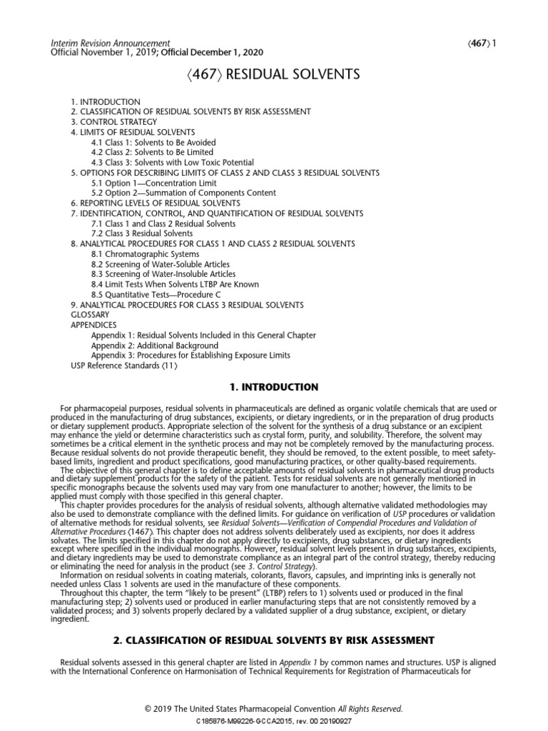 USP - 467 - Residual Solvents Ira 20190927 PDF | PDF | Solution | Solvent