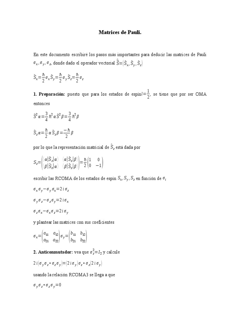 Deducción de Matrices de Pauli | PDF | Matriz (Matemáticas) | Álgebra ...