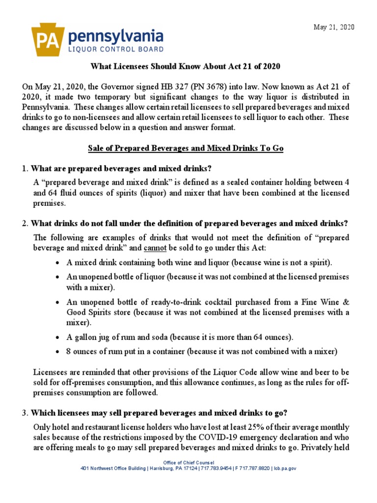 Act 21: PA Liquor License Changes | PDF | Drink | Alcoholic Drinks