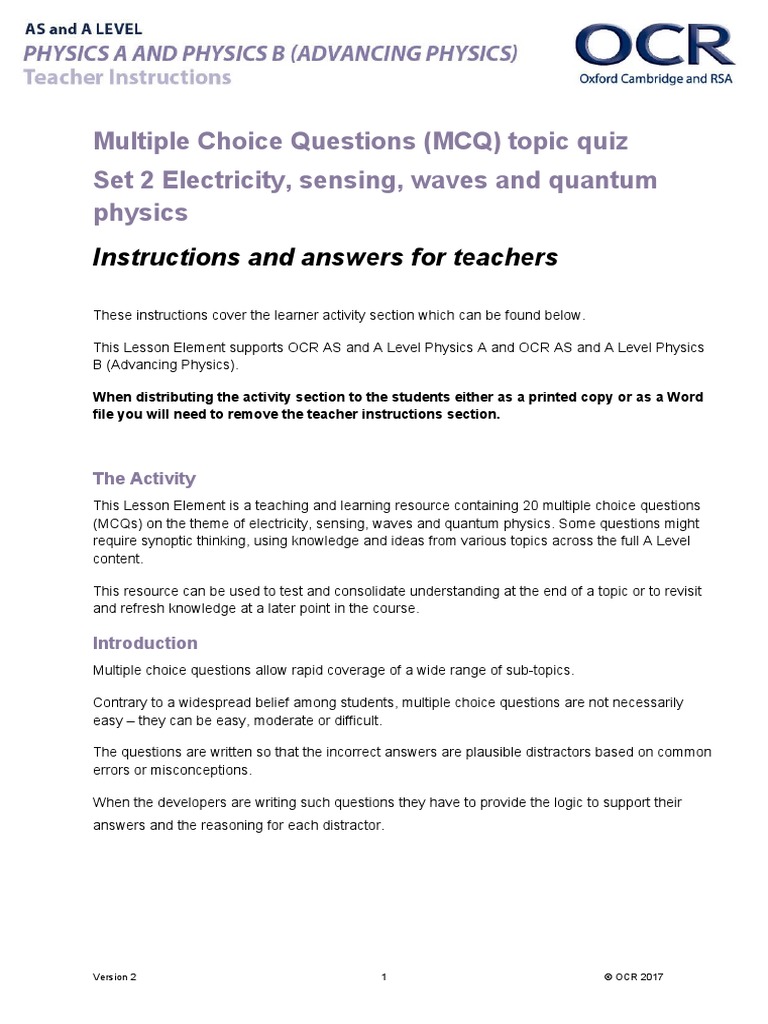 Multiple Choice Questions (MCQ) Topic Quiz Set 2 Electricity, Sensing ...