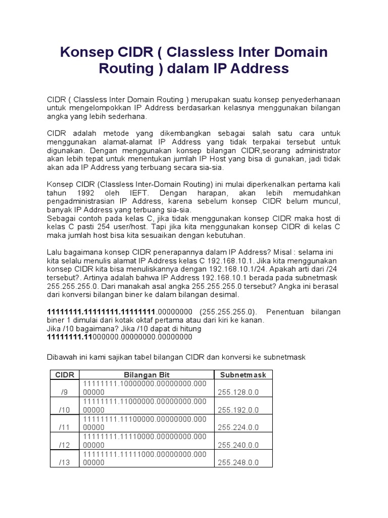Konsep dan Penerapan CIDR dalam IP Address | PDF | Griya & Taman