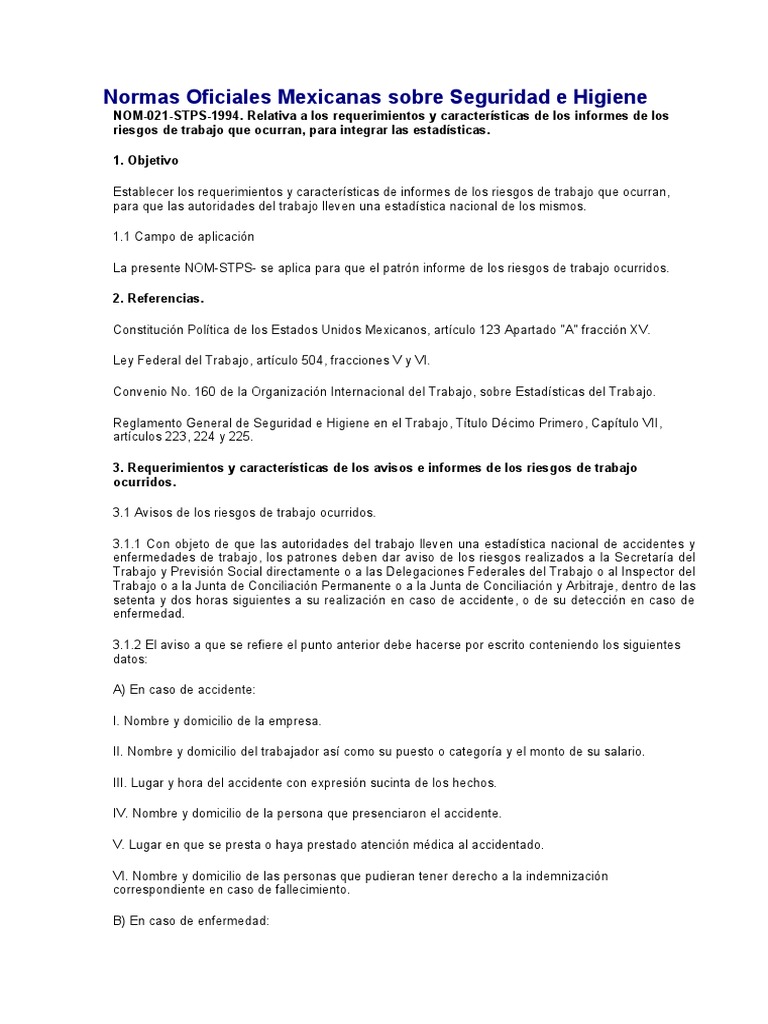 NOM-021-STPS-1994-Requerimientos y Características de Los Informes de Los Riesgos de Trabajo Que ...