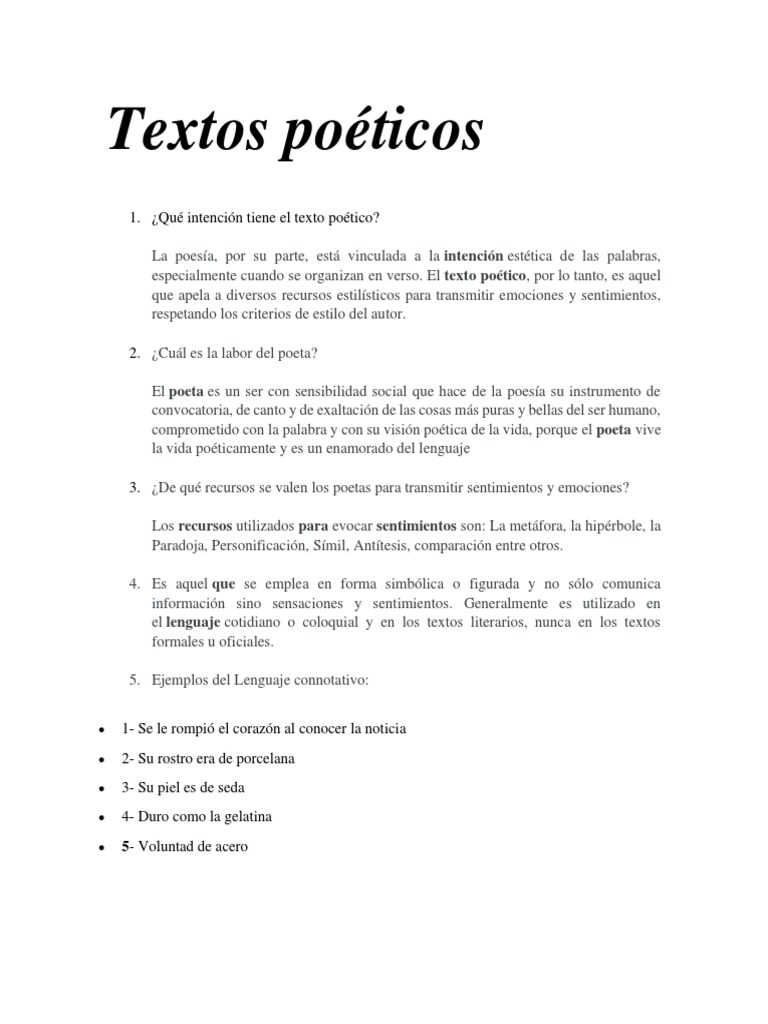 Textos Poéticos: 1. ¿Qué Intención Tiene El Texto Poético? | PDF