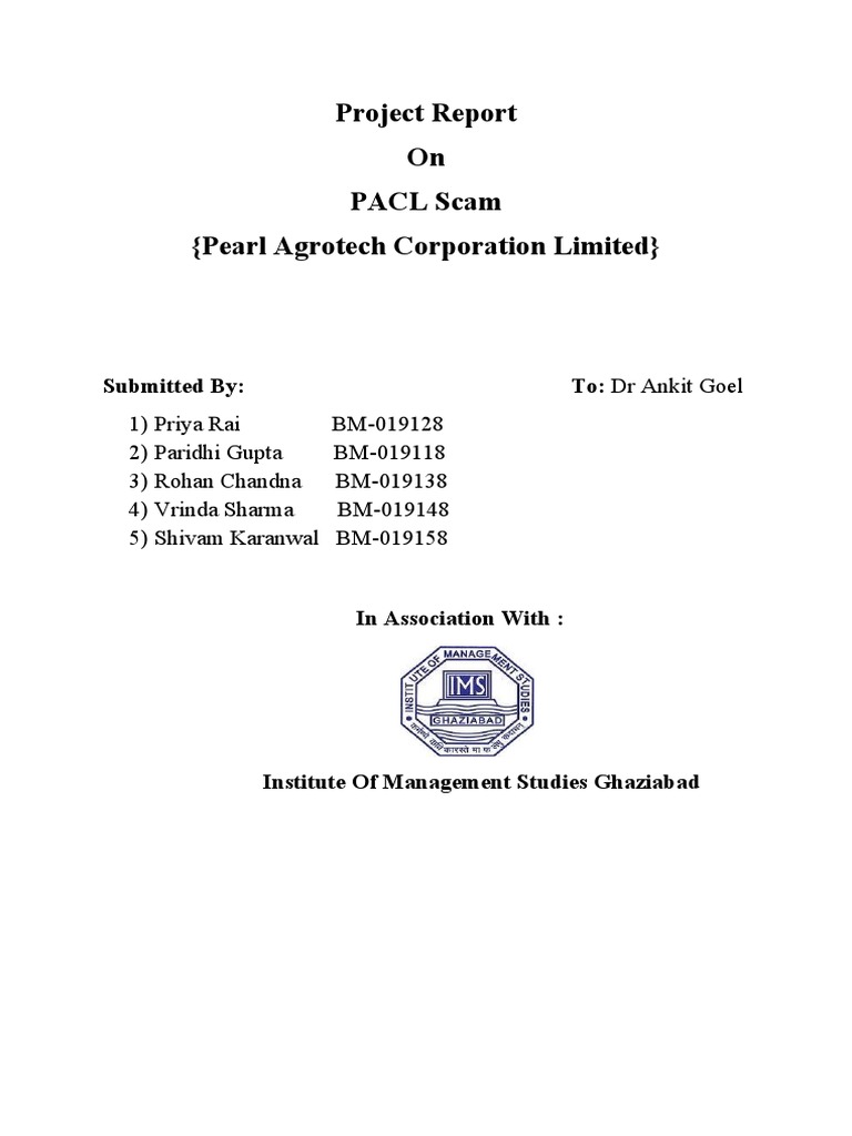 Project Report On PACL Scam (Pearl Agrotech Corporation Limited) | PDF ...