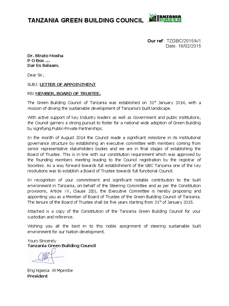 Trustee Appointment Letter - TZGBC | PDF | Finance & Money Management