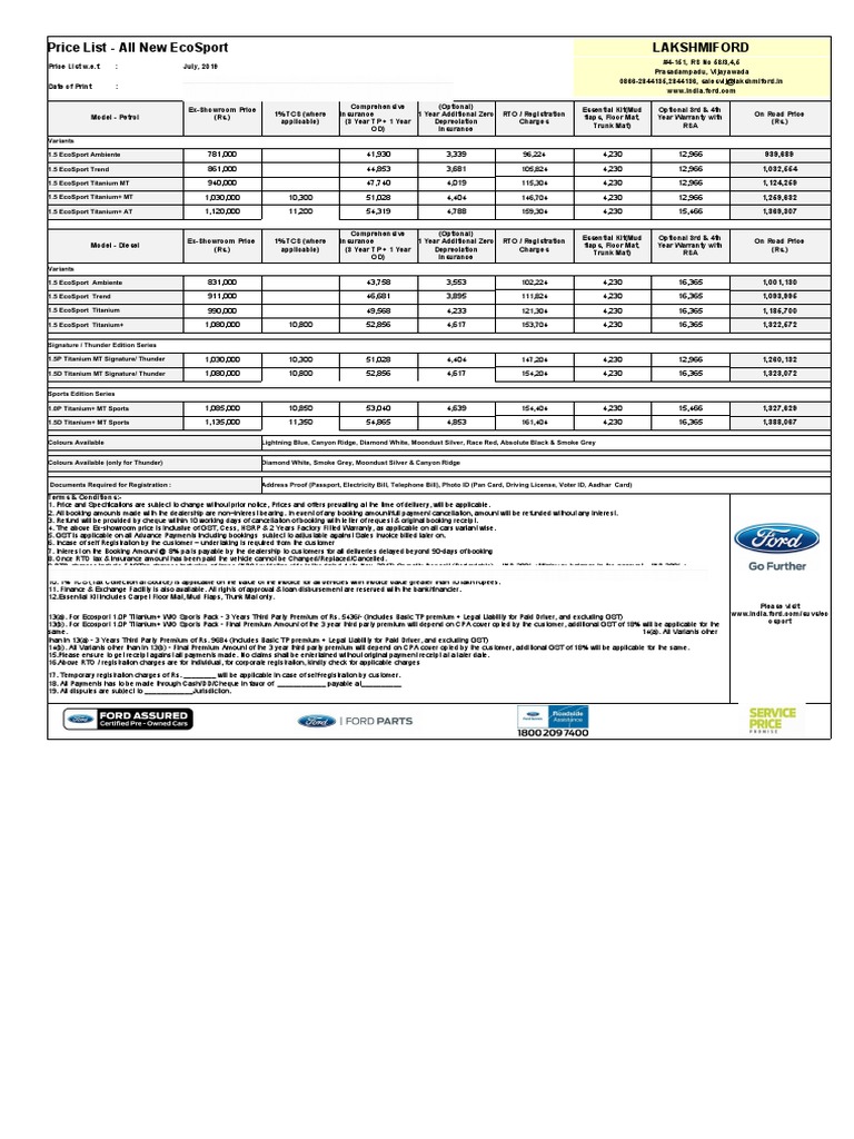 EcoSport - ICA Price List - 04 July | PDF | Insurance | Invoice
