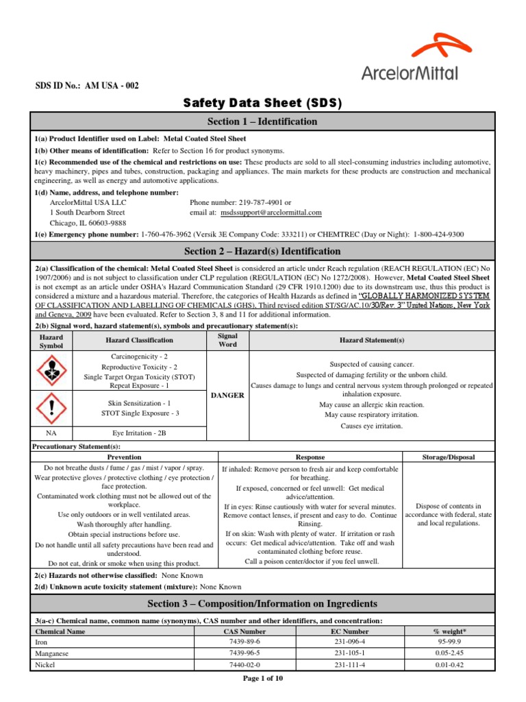 Safety Data Sheet (SDS) : Section 1 - Identification | PDF | Manganese ...