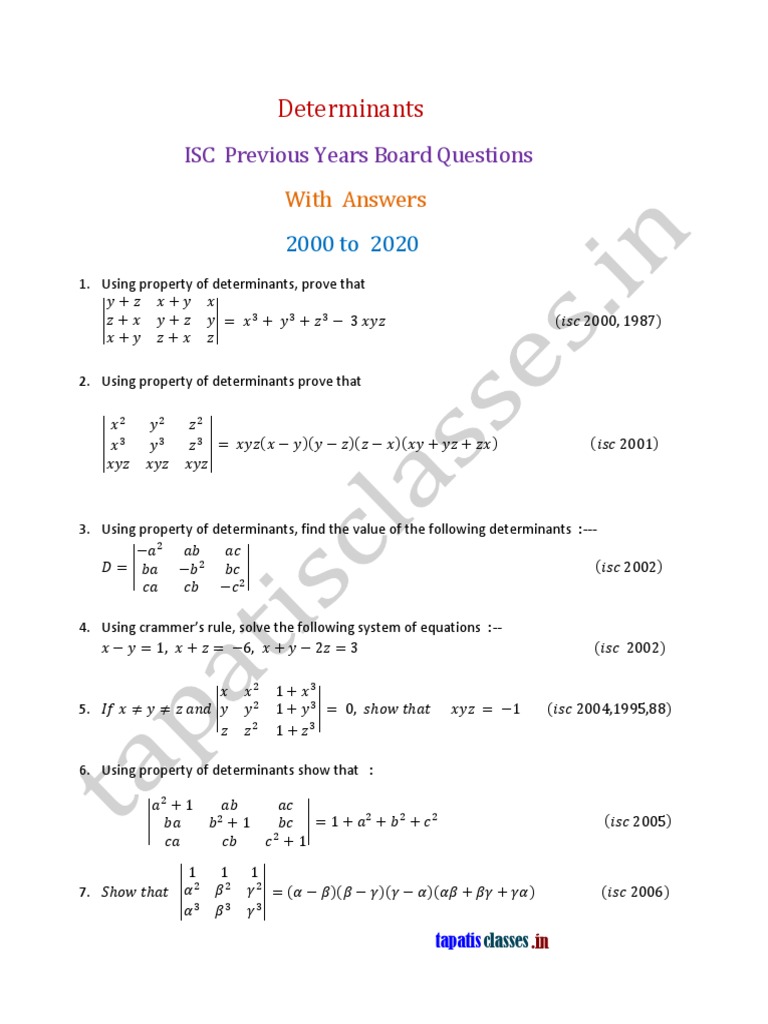Determinants. Previous Years Board Questions 2000 To 2020 With Answers of Isc Class 12 Maths ...