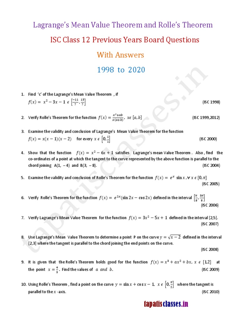 Rolle S Theorem and Lagrange S Mean Value Theorem. Previous Years Board ...