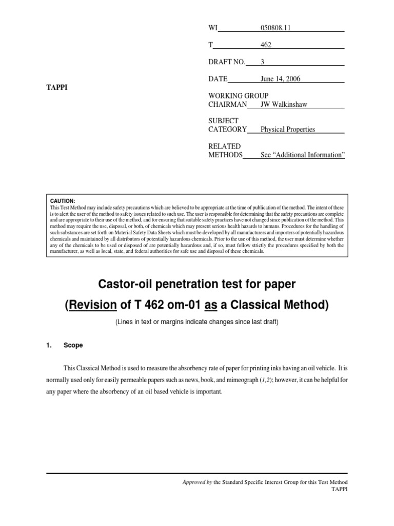 Castor-Oil Penetration Test For Paper (Revision of T 462 Om-01 As A ...