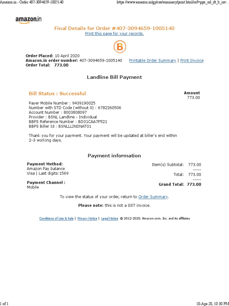 Final Details For Order #407-3094659-1005140: Landline Bill Payment ...