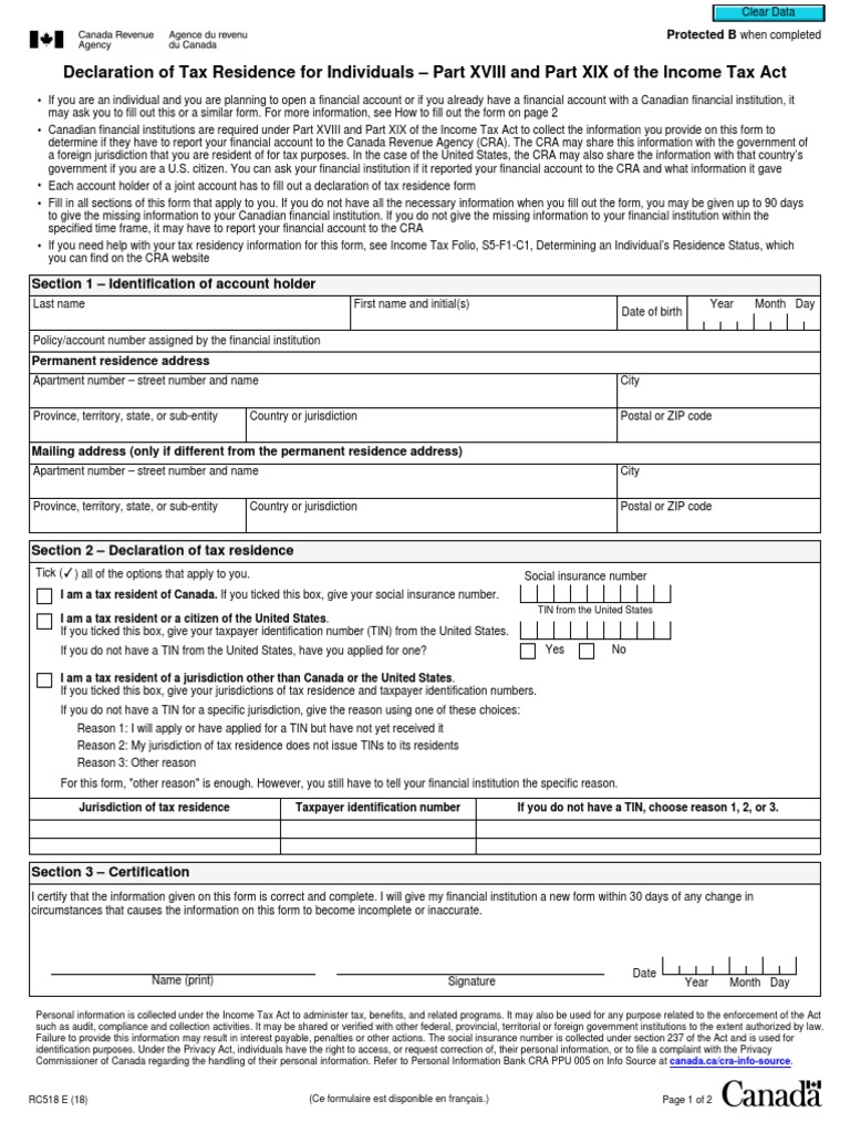 CAN Declaration Tax Residence Rc518 Fill 18e | PDF | Trust Law | Taxes