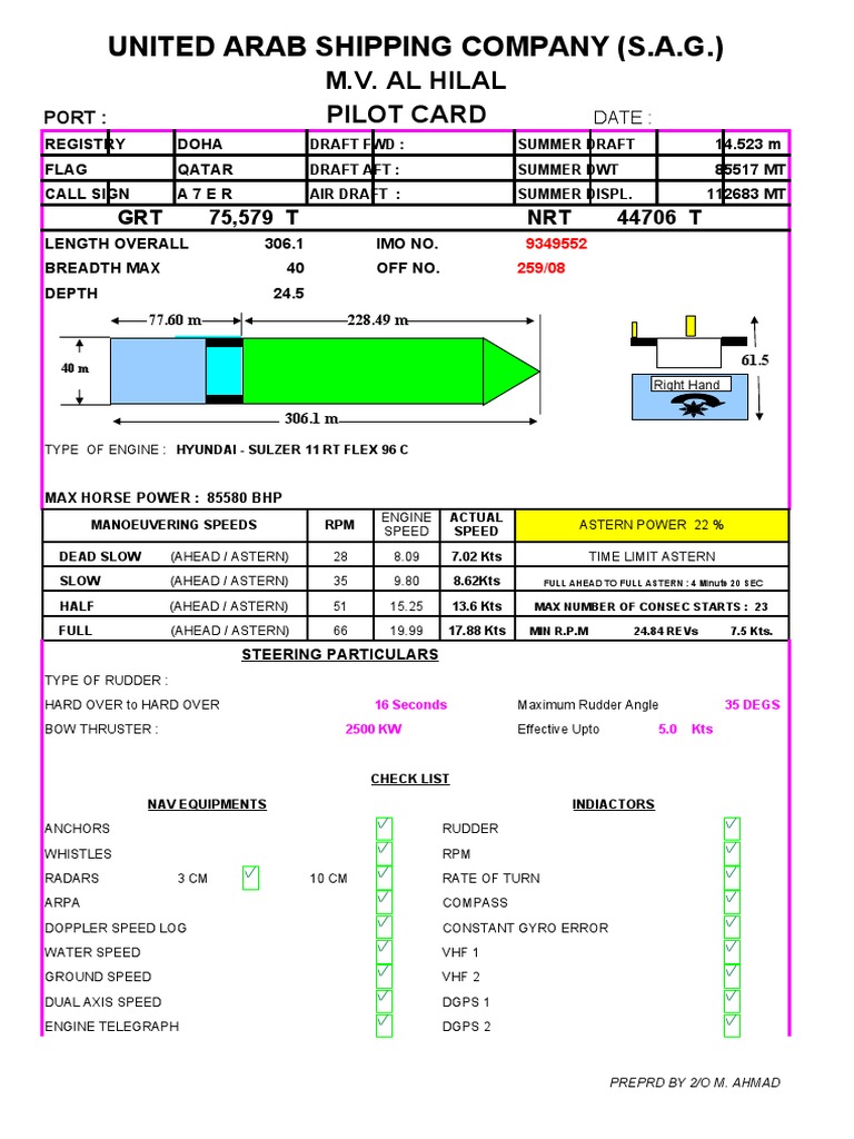 United Arab Shipping Company (S.A.G.) : M.V. Al Hilal Pilot Card ...