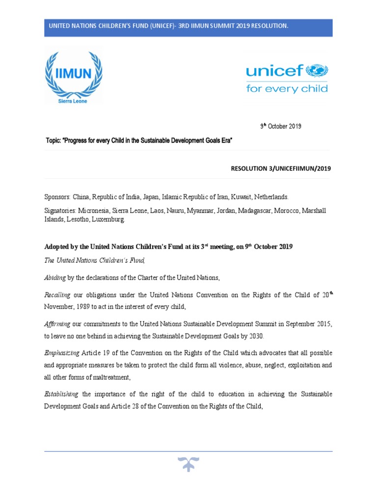 Resolution Unicef Edited | PDF | Convention On The Rights Of The Child ...