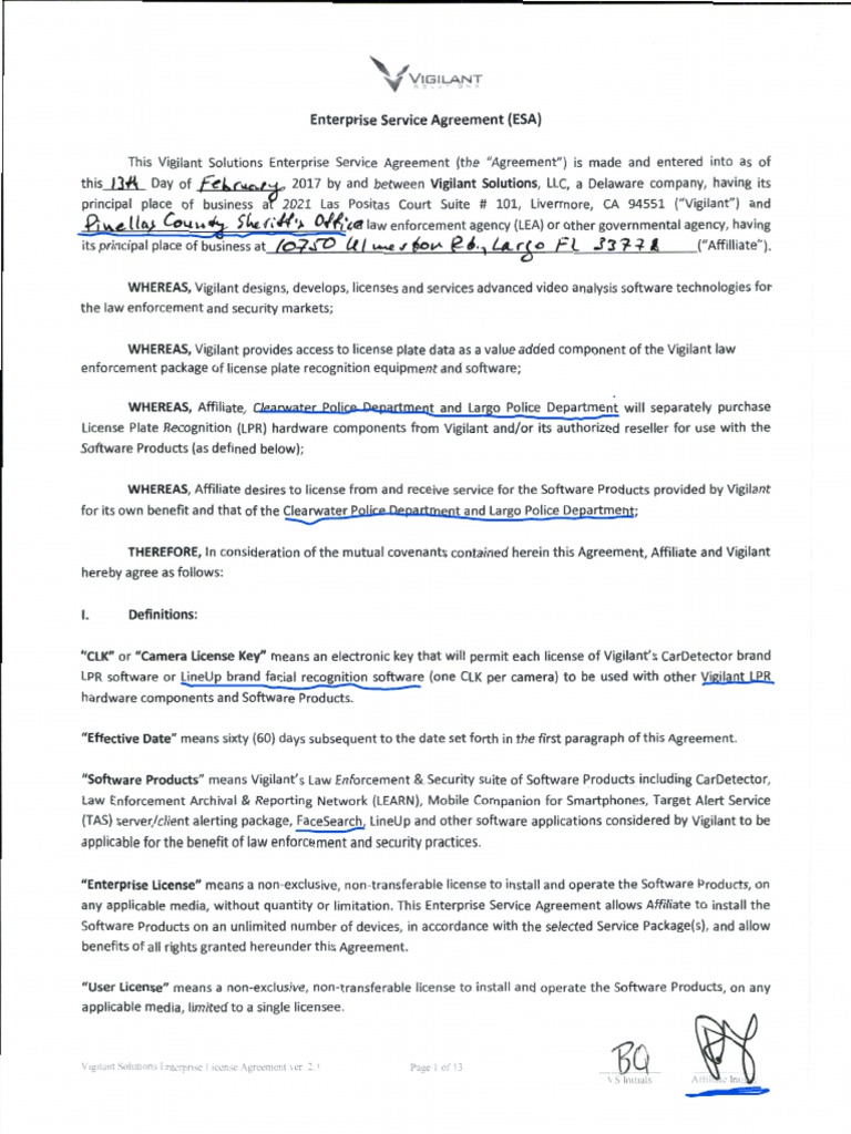 PCSO Vigilant Enterprise Service Agreement For "COVERT LPR TRAILERS ...