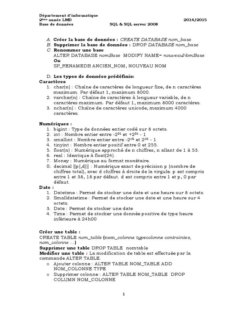 Résumé TP SQL Server PDF | PDF | SQL | Microsoft SQL Server