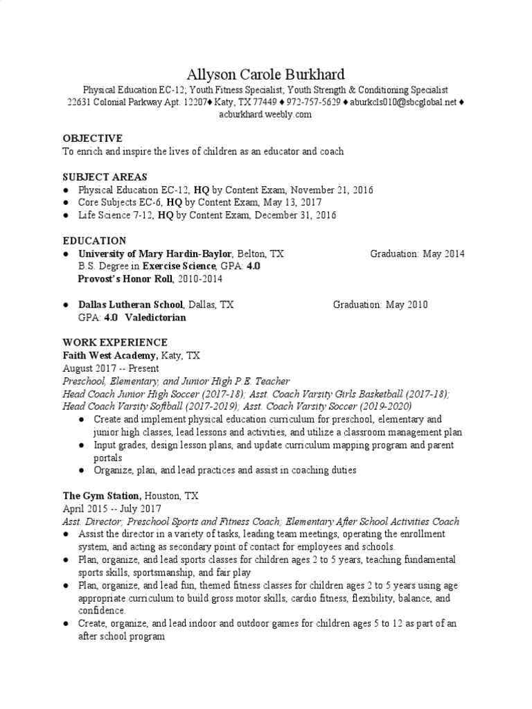 Allyson Burkhard Resume 2020 | PDF | Physical Education | Schools