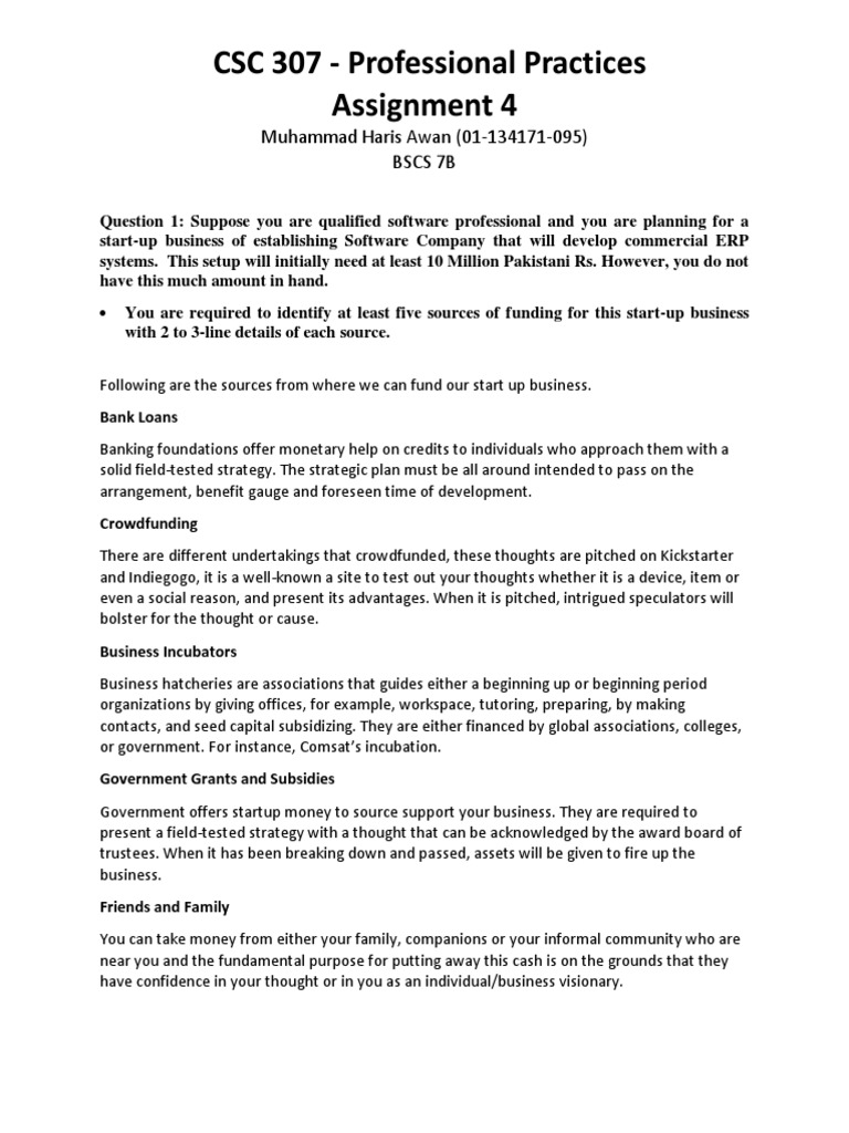 CSC 307 - Professional Practices: Assignment 4 | PDF | Startup Company ...