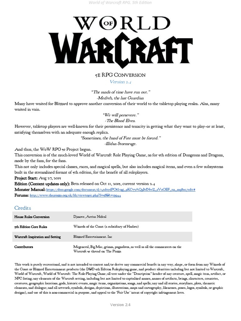 Warcraft 5e Core Document | PDF | Races And Factions Of Warcraft | Elf (Dungeons & Dragons)