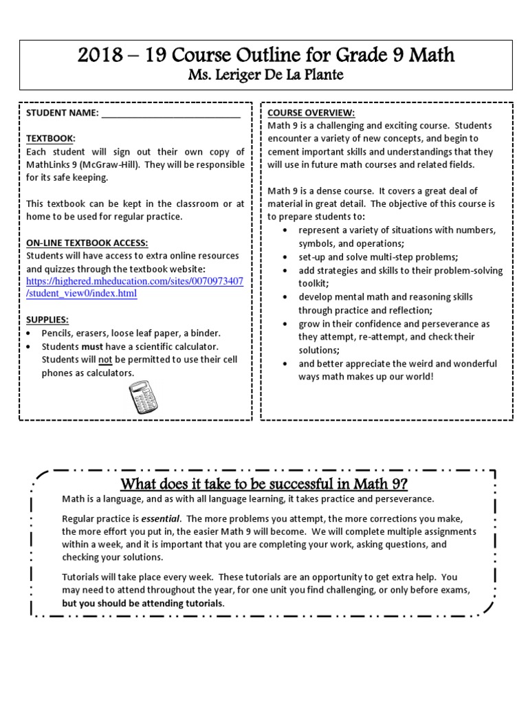 Math 9 Course Outline 2019-2020 1 | PDF | Polynomial | Equations
