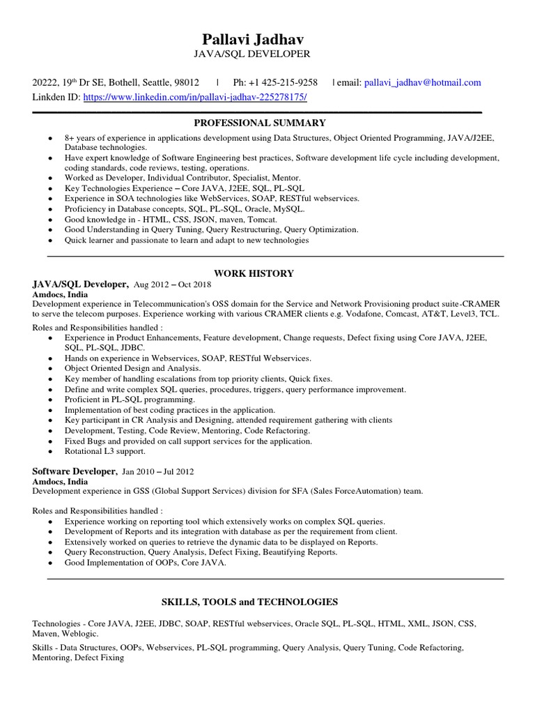 Pallavi Jadhav: Java/Sql Developer | PDF | Web Service | Sql