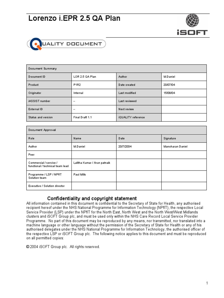 Lorenzo i.EPR 2.5 QA Plan: Document Summary | PDF | Microsoft Sql ...