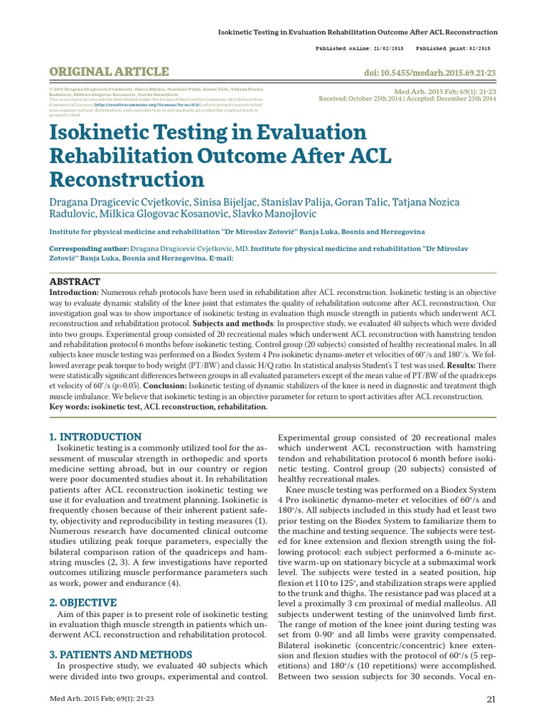 Isokinetic Testing in Evaluation Rehabilitation Outcome After ACL ...