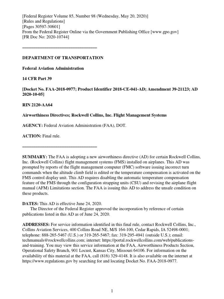 AD 2020-10-05 Collins FMS | PDF | Federal Aviation Administration | Aviation