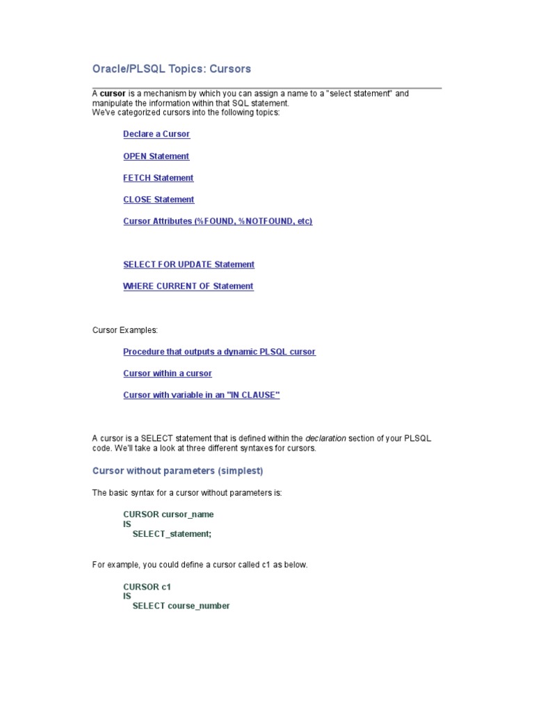 Oracle/PLSQL Topics: Cursors: Cursor Without Parameters (Simplest) | PDF | Pl/Sql | Information ...