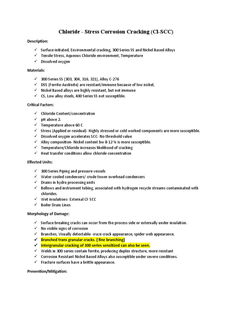 Chloride - Stress Corrosion Cracking (CL-SCC) : Description | PDF ...