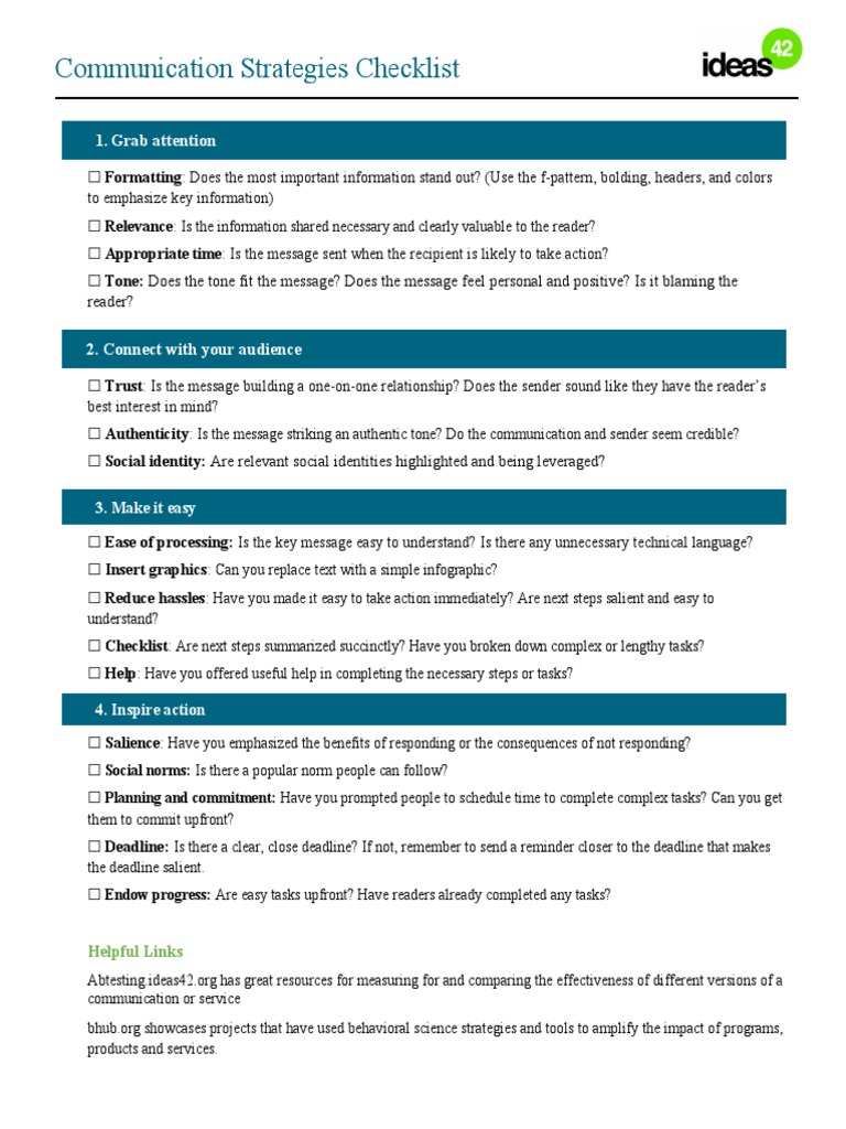 Communication Strategies Checklist: 1. Grab Attention | PDF