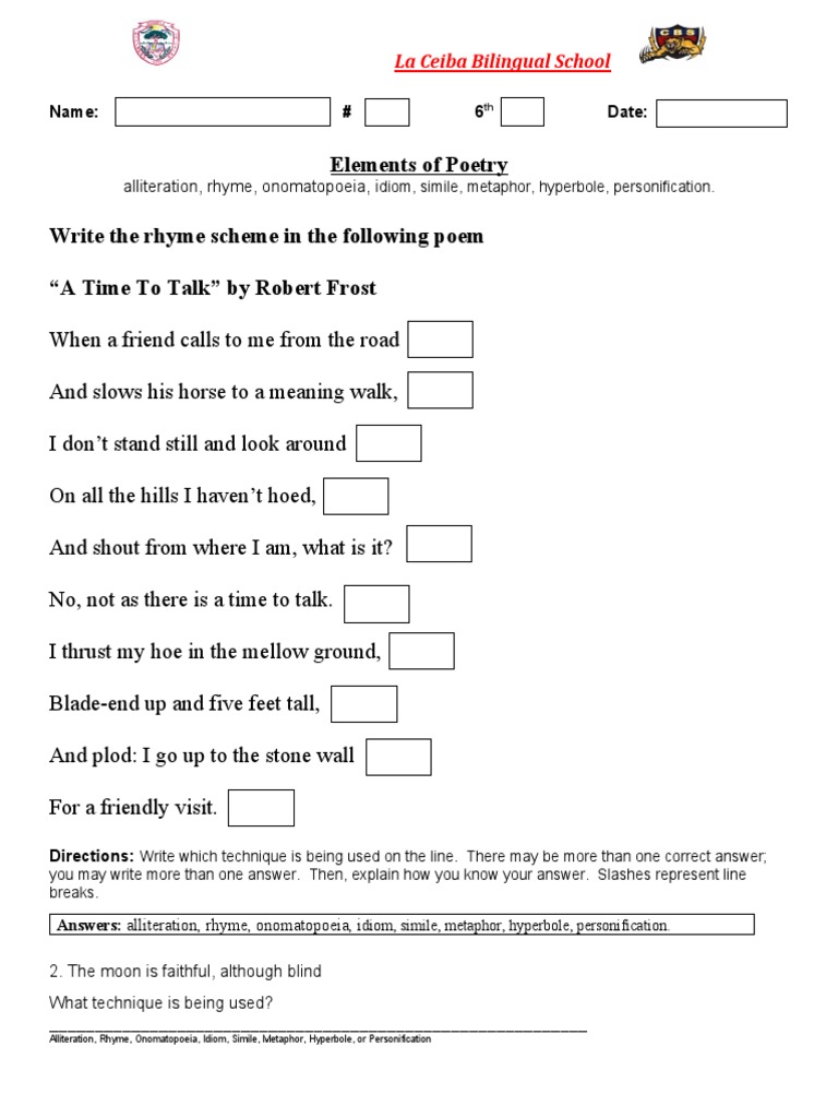 Poetry Elements Worksheet for Grade 6 | PDF | Rhyme | Poetry